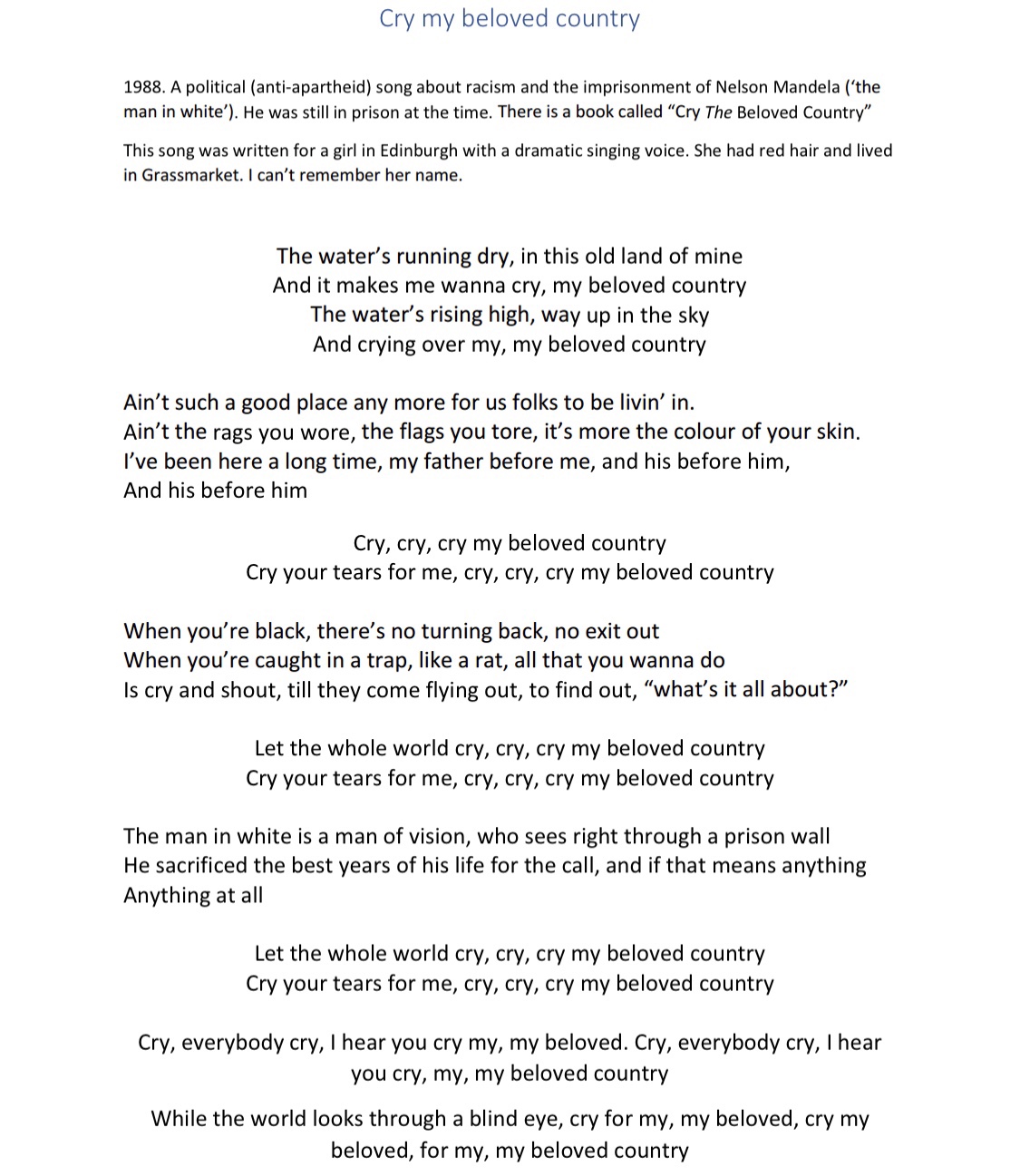 Cry my beloved country – Contents