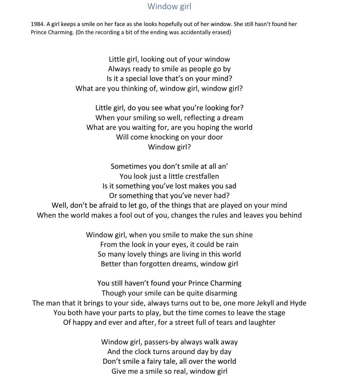 Window girl – Contents